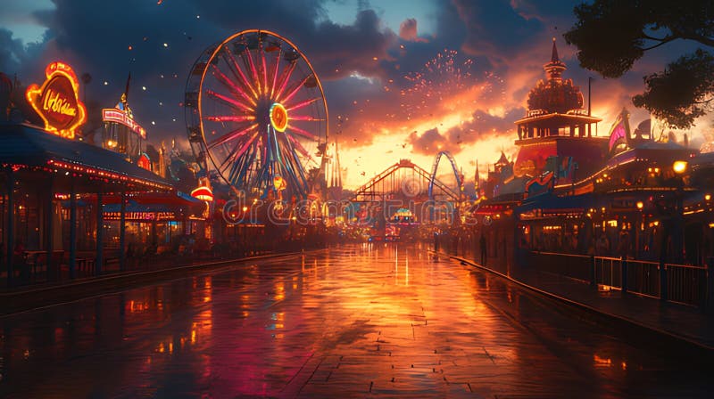 Sunset Amusement Park Fireworks Rainy Night Walk Stock Illustration - Illustration of friends ...