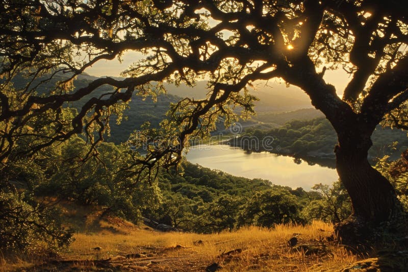 Sunset through Ancient Tree Overlooking River Valley Stock Illustration ...