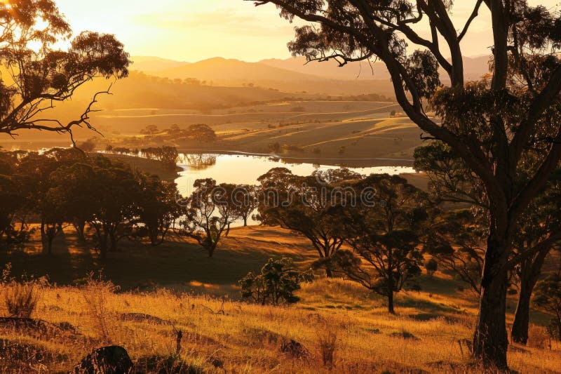 Sunset through Ancient Tree Overlooking River Valley Stock Illustration ...