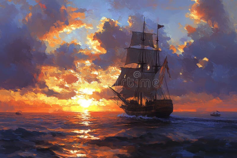 When Sunset Approaches, a Pirate Ship Glides Elegantly Over the Ocean ...
