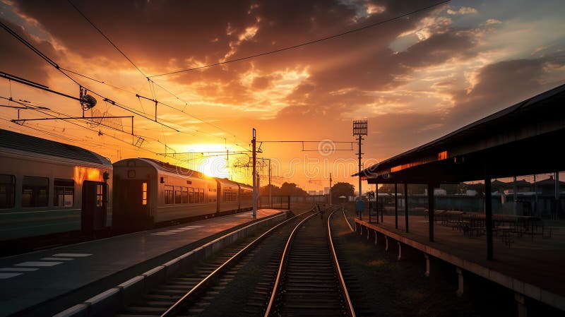 Sunset Arrival - a Train Stop at the Railway Station, Generative Ai ...