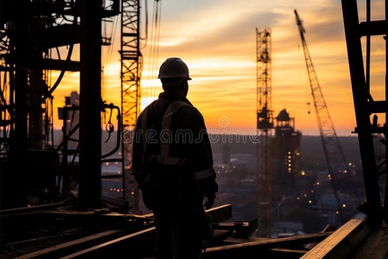 Sunset Assessment Engineer Man Checks Project at Construction Site ...