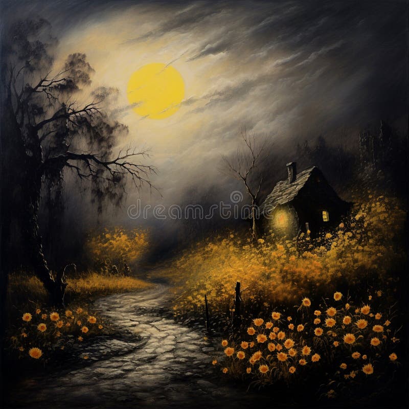 Sunset in the Autumn Forest with a Cottage and Sunflowers. Generative ...