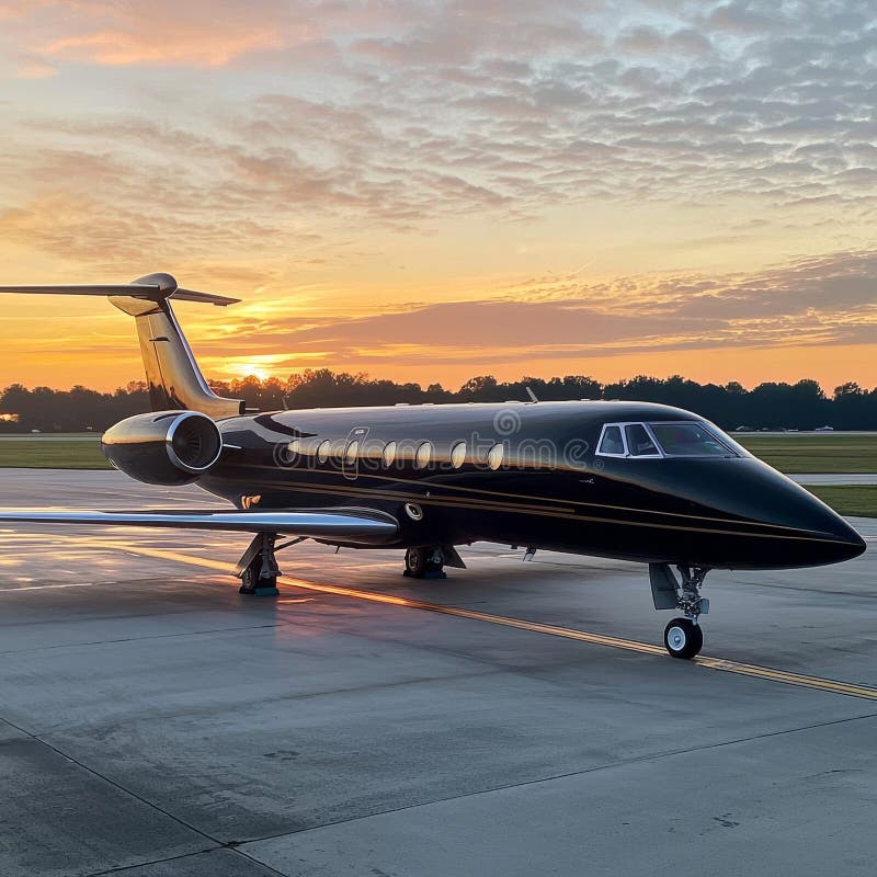 Sunset Backdrop As a Private Jet Prepares for Takeoff. Stock Photo ...