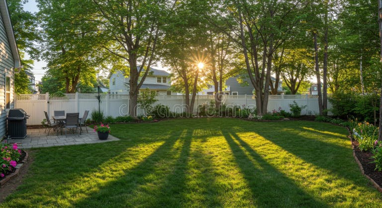 Sunset Backyard Landscape with Green Grass and Tree Shadows Stock Photo ...