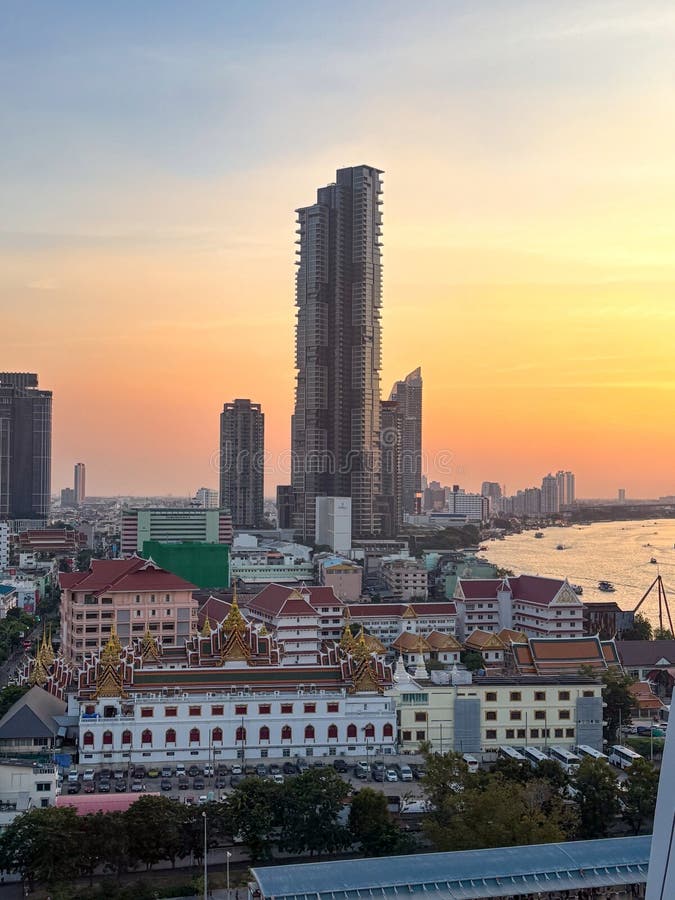 Sunset in Bangkok, Thailand, Seen from Above with Chao Phraya River ...