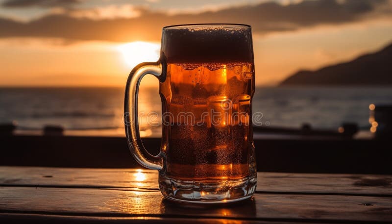 Sunset Bar Serves Frothy Yellow Beer in Wood Table Outdoors Generated ...