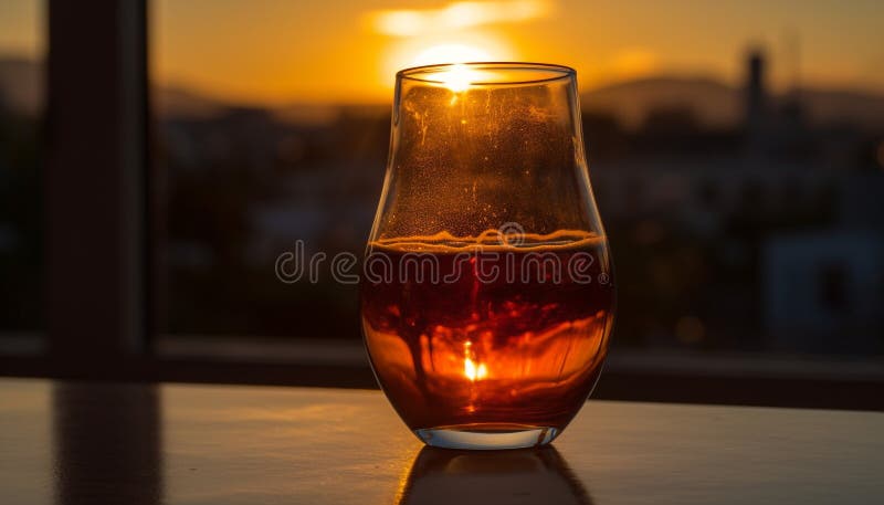 Sunset Bar Table with Beer Glass, Whiskey, and Frothy Drink Generated ...