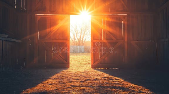 Sunset Barn Door Open Field Hope Stock Photo - Image of spring, rays ...