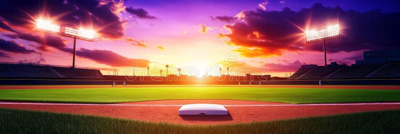 Sunset Baseball Field Panorama Dramatic Sunset Over a Pristine Baseball ...