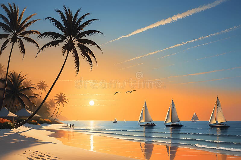 Sunset Bathing a Tranquil Beach in the Soft Glow of Summer, Shadows ...