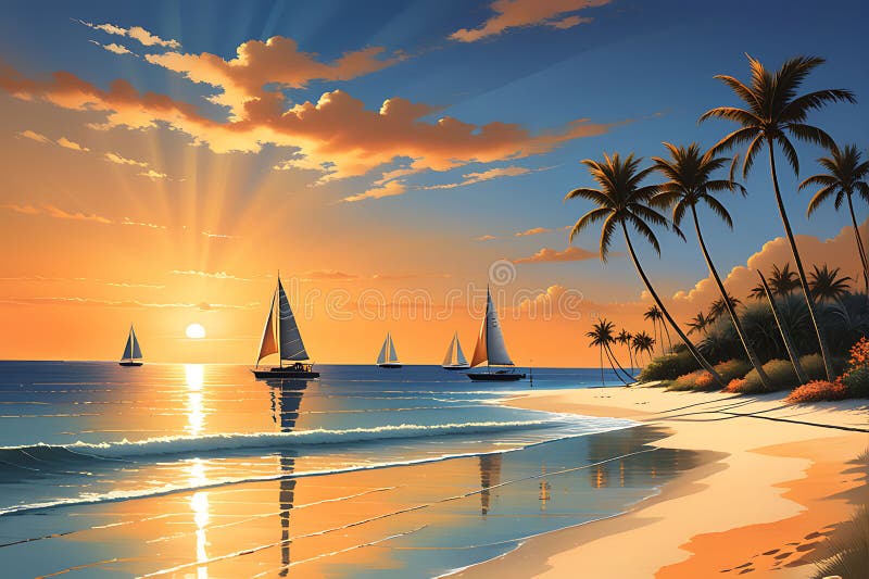 Sunset Bathing a Tranquil Beach in the Soft Glow of Summer, Shadows ...