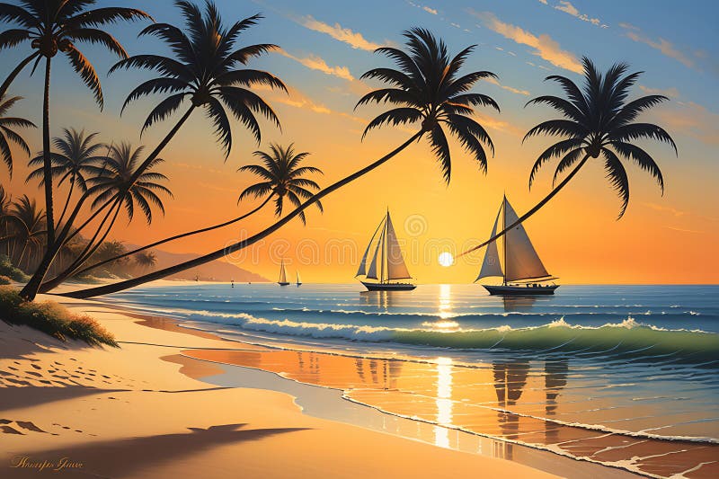 Sunset Bathing a Tranquil Beach in the Soft Glow of Summer, Shadows ...