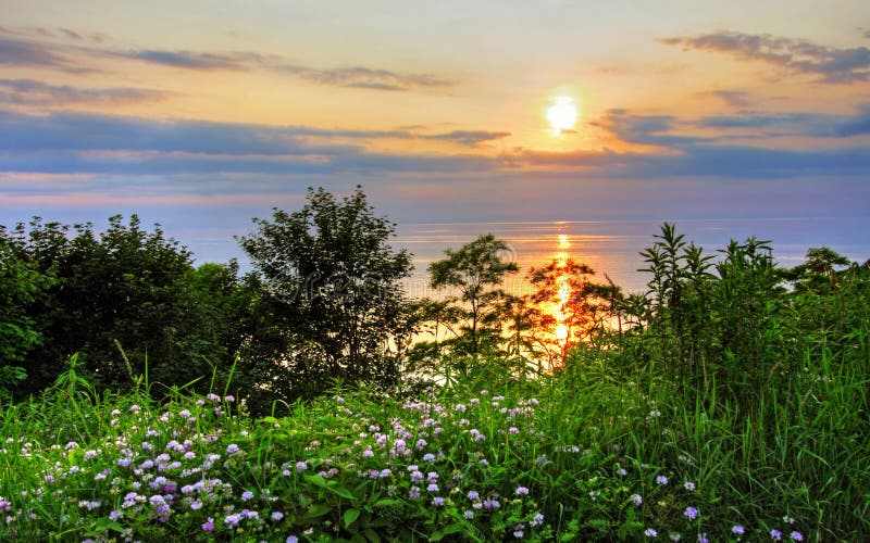 Sunset at Bayfield Beach stock image. Image of reed, dusk - 20218287
