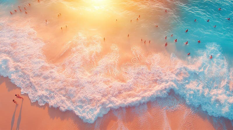 Sunset Beach Aerial View, Swimmers Ocean Waves Stock Illustration ...