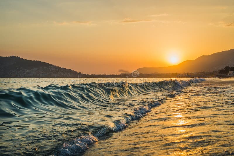 Sunset at the Beach in Alanya, Turkey. View of the Castle Hill and Sea ...