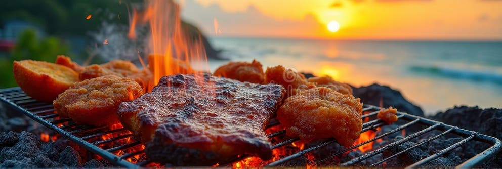 Sunset Beach Barbecue with Grilled Meat and Seafood Over Open Fire ...