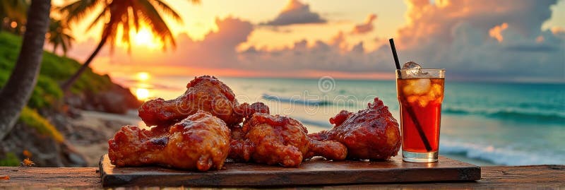 Sunset Beach Bbq with Glazed Chicken and Iced Tea by Ocean Stock Photo ...