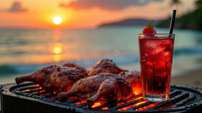 Sunset Beach Bbq with Grilled Chicken and Refreshing Red Drink Stock ...