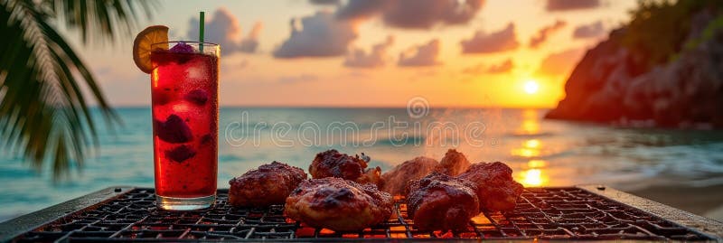 Sunset Beach Bbq Refreshing Drink Grilled Chicken Ocean Stock Photos ...