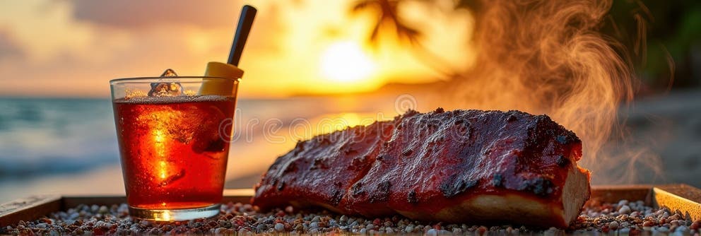 Sunset Beach Bbq: Savory Ribs and Refreshing Drink by the Ocean Stock ...