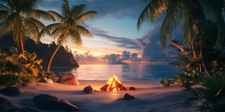 Sunset Beach Bonfire Tropical Island Scene Wallpaper Stock Illustration ...