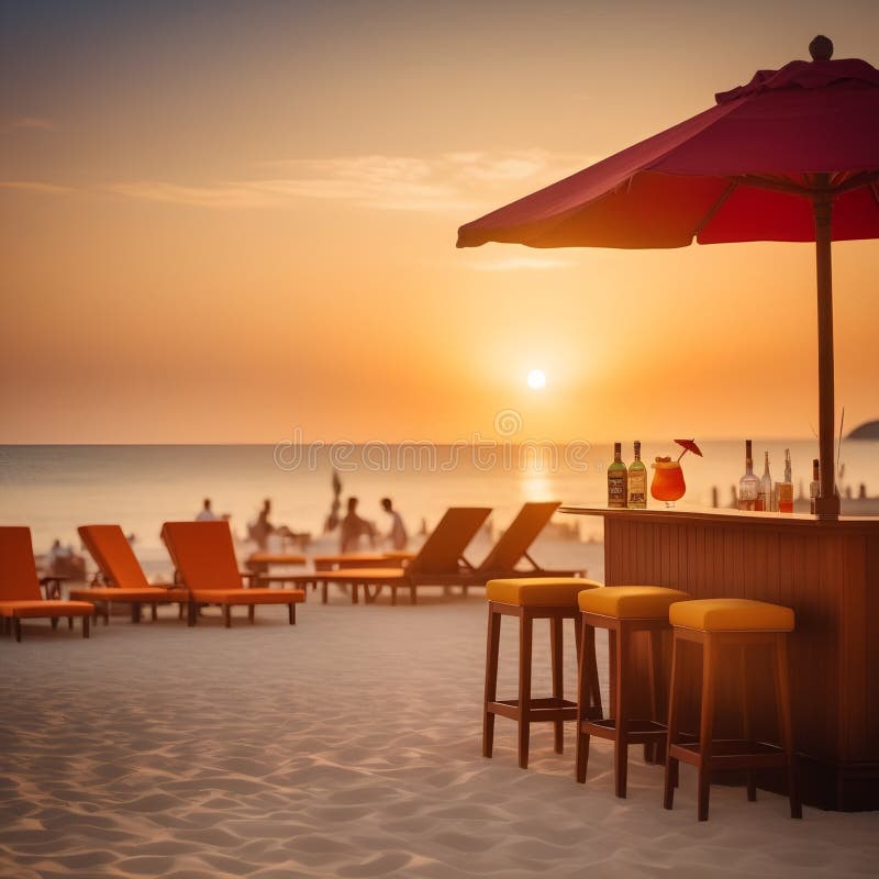 Sunset on the Beach with Cocktail Bar and Sun Loungers Stock ...