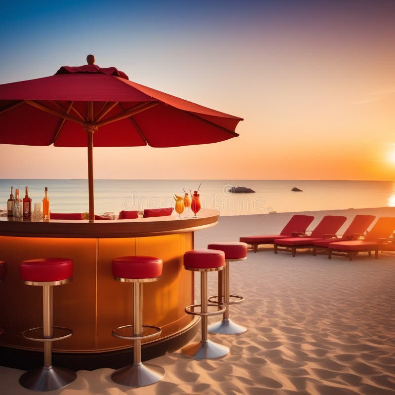 Sunset on the Beach with Cocktail Bar and Sun Loungers Stock Photo ...