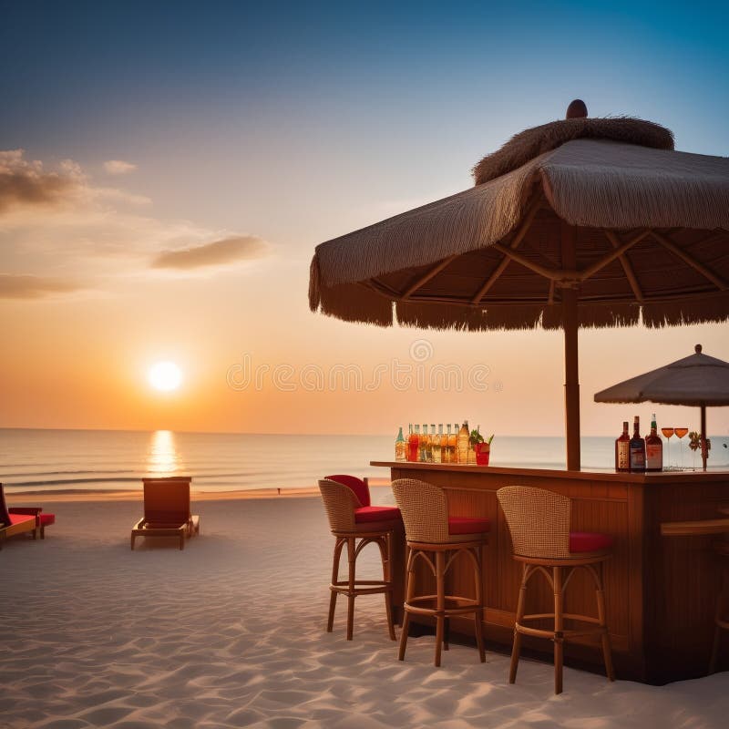 Sunset on the Beach with Cocktail Bar and Sun Loungers Stock Photo ...
