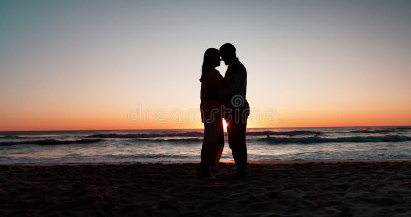 Sunset Beach And Couple With Silhouette Hug And Love With Vacation