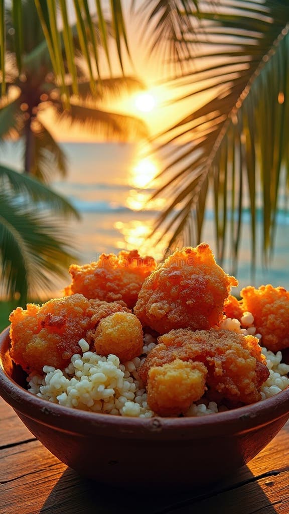 Sunset Beach Dining with Crispy Fried Chicken and Rice in Tropical ...