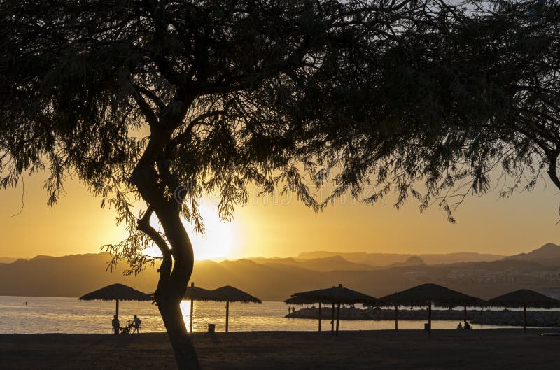 Sunset on the Beach of Eilat Stock Image - Image of gulf, beach: 167895867