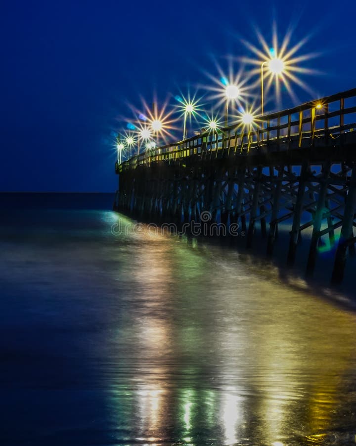 Sunset Beach Fishing Pier at Night Editorial Stock Image - Image of ...