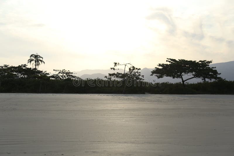 Sunset on the Beach. Forest and Mountains in the Background Stock Image ...