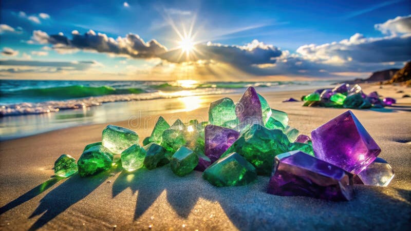 Sunset Beach Gems Sparkling Crystals on Golden Sand. Generative AI ...