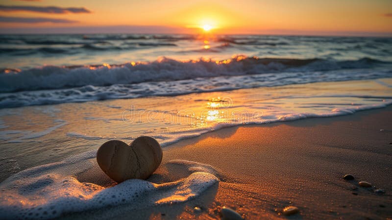 Sunset at the Beach with a Heart-shaped Stone Placed Gently on the Sand ...