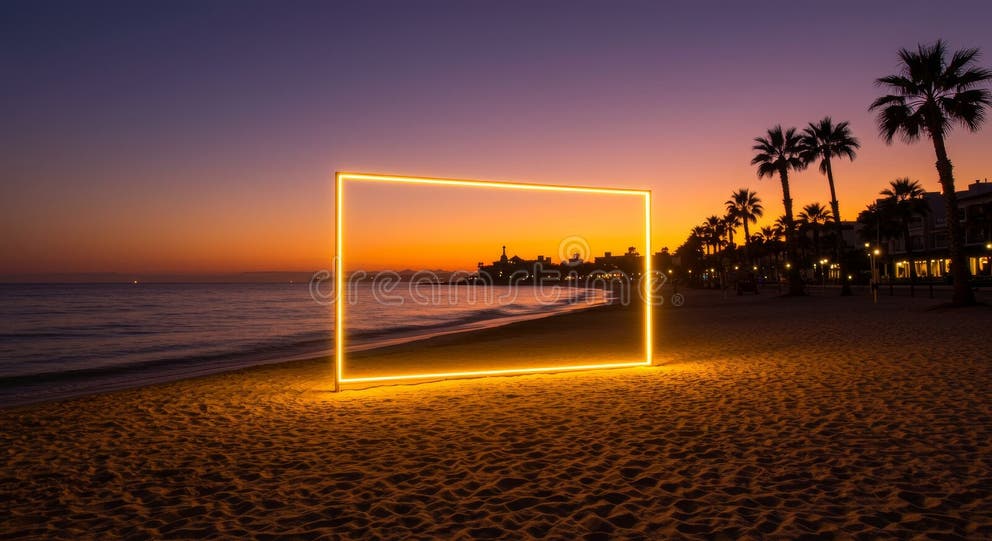 Sunset Beach Illumination Glowing Rectangle Art Installation Beach ...