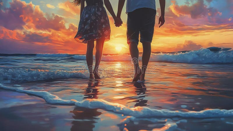 Sunset Beach Lovers Illustration Stock Image - Image of intimacy ...