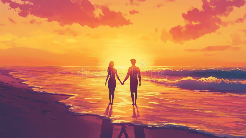 Sunset Beach Lovers Illustration Stock Image - Image of romantic, ocean ...