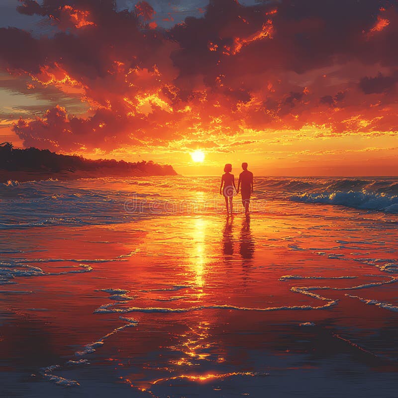 Sunset Beach Lovers Illustration Stock Image - Image of joyful, sunset ...