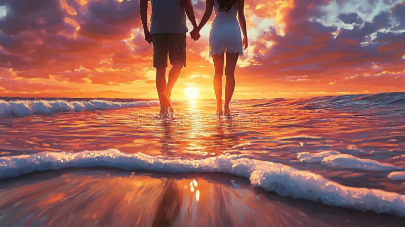 Sunset Beach Lovers Illustration Stock Image - Image of digital, golden ...