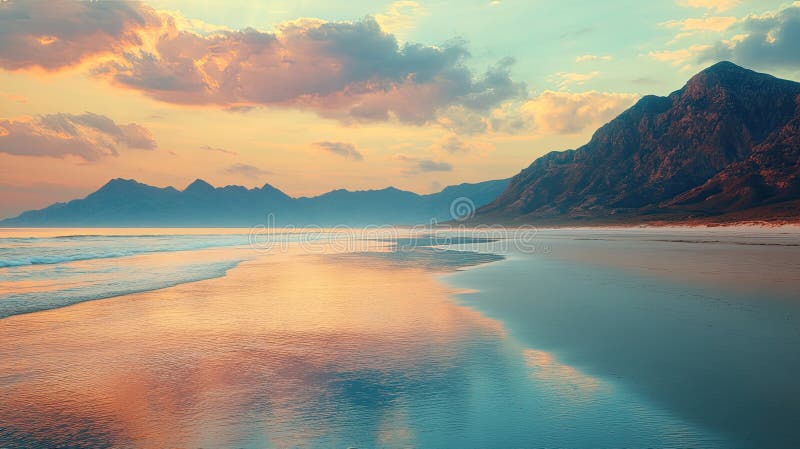 Sunset Beach Mountain Landscape Reflection Stock Illustration ...