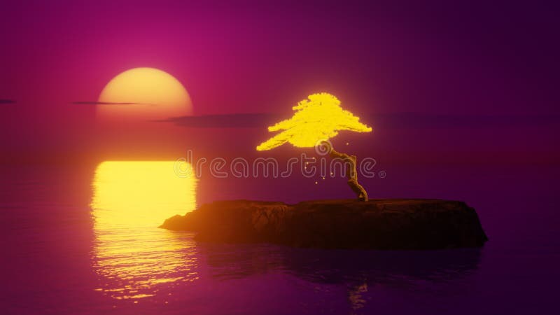 Sunset on the Beach, Neon Tree on a Synthwave Background, Seamless Loop ...