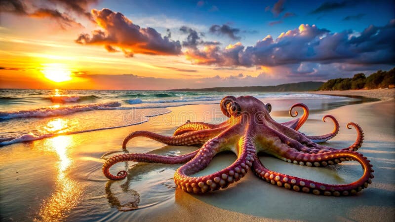 Sunset Beach Octopus a Majestic Cephalopod at Golden Hour. Generative ...