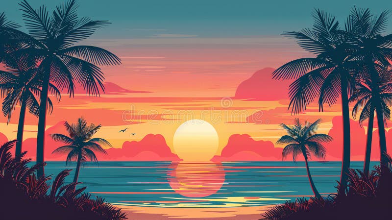 Sunset at a Beach Outing Flat Design Front View Peaceful Theme Cartoon ...