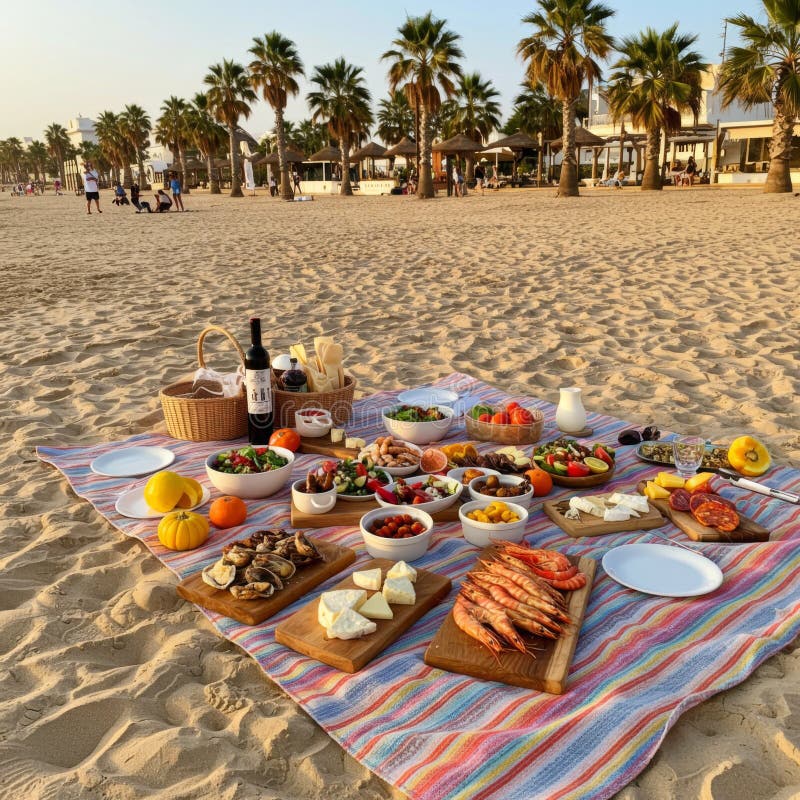 Sunset Beach Picnic with Gourmet Food and Wine Stock Illustration ...