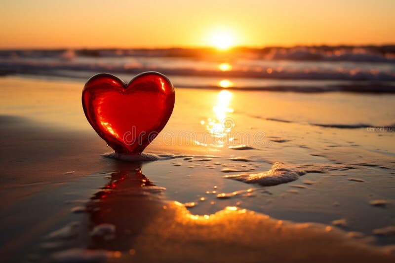 Sunset Beach with Red Heart Silhouette. AI Stock Illustration ...