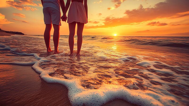 Sunset Beach Romance Illustration Stock Image - Image of couple, waves ...