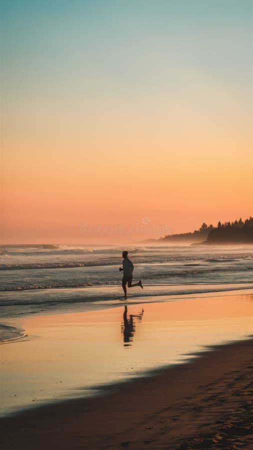 Sunset Beach Runner Silhouette Jogging Along Shoreline during Vibrant ...