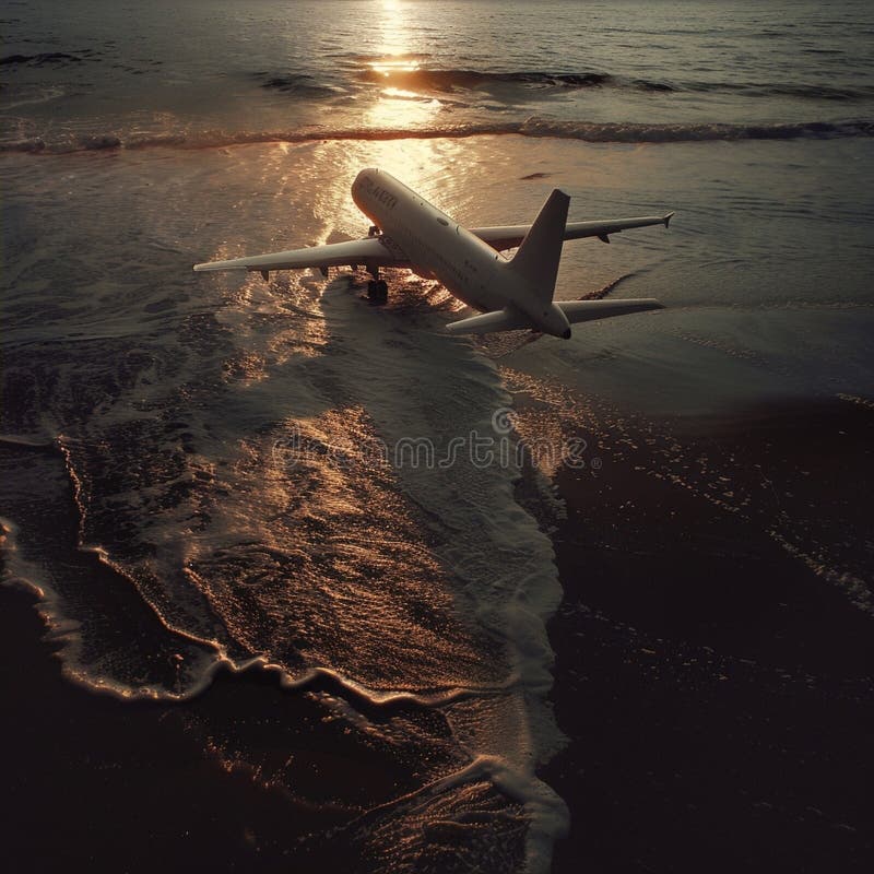 Sunset Beach Scene with an Airplane Silhouette Against the Sky Stock ...